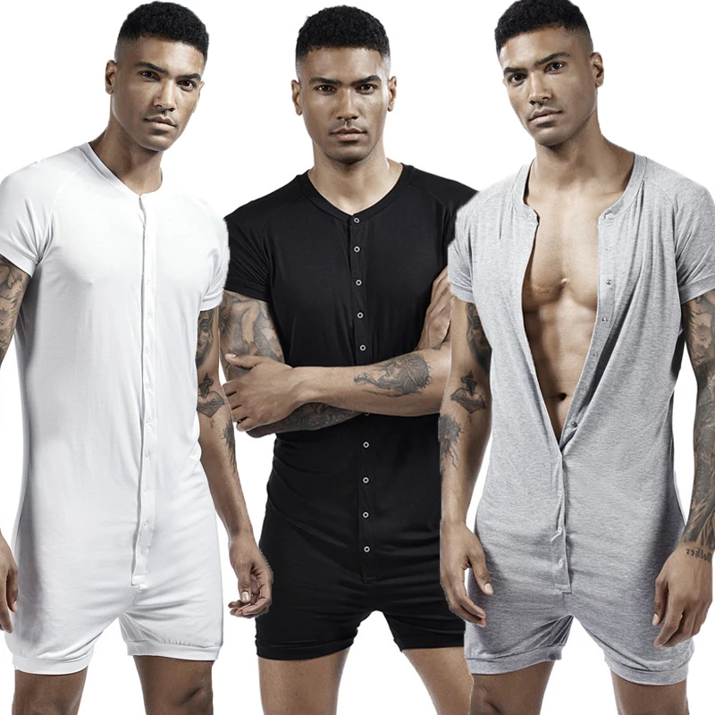 Mens Undershirts Sleepwear Shorts Sleeve Button Causal Loose Jumpsuits ...