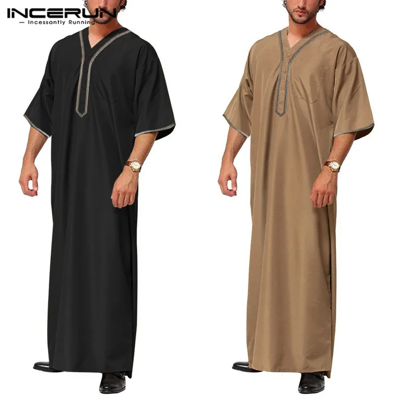 Incerun Men Vintage Half Sleeve Muslim Kaftan Robes Leisure V Neck Printed Jubba Thobe Solid ...