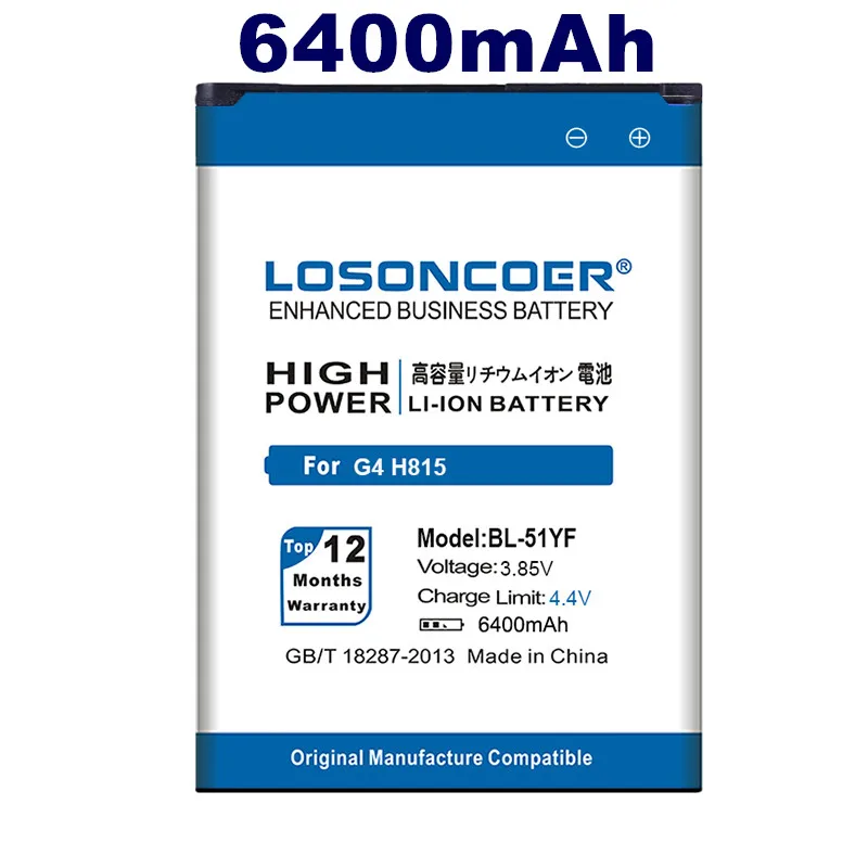 LOSONCOER 6400mAh BL 51YF Battery BL 51YH For LG G4 Battery H811 H810 ...