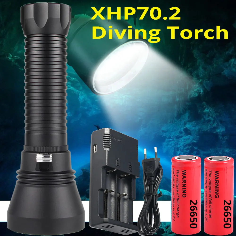 Brightest XHP70, 2 가장 강력한 LED 스쿠버 다이빙 손전등 200m 수중 토치 XHP50 IPX8 방수 다이브 ...