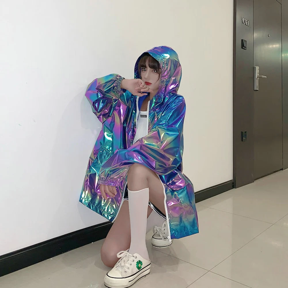 Jaqueta com capuz holográfica feminina, cor laser, manga longa, grande, high street, casaco fino ...