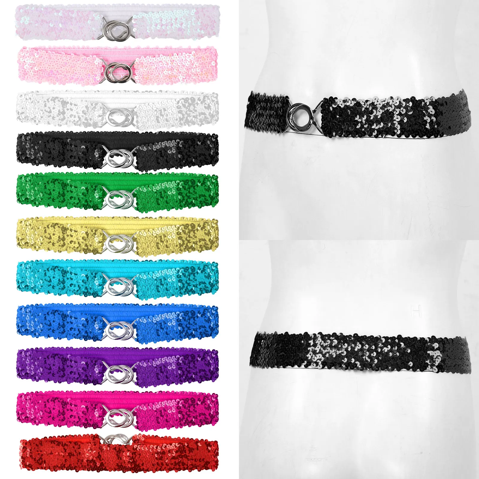 Women-Shiny-Sequins-Dress-Belts-Metal-Interlocking-Buckles-Elastic ...