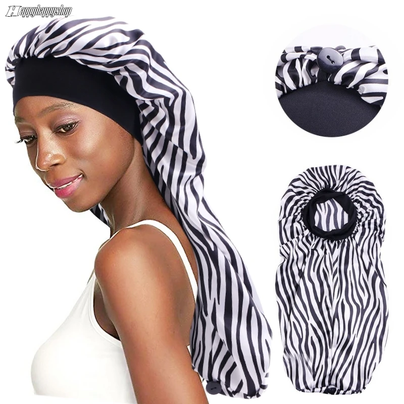 New Women Zebra Pattern Elastic Wide Band Long Hair Care Bonnet Satin ...