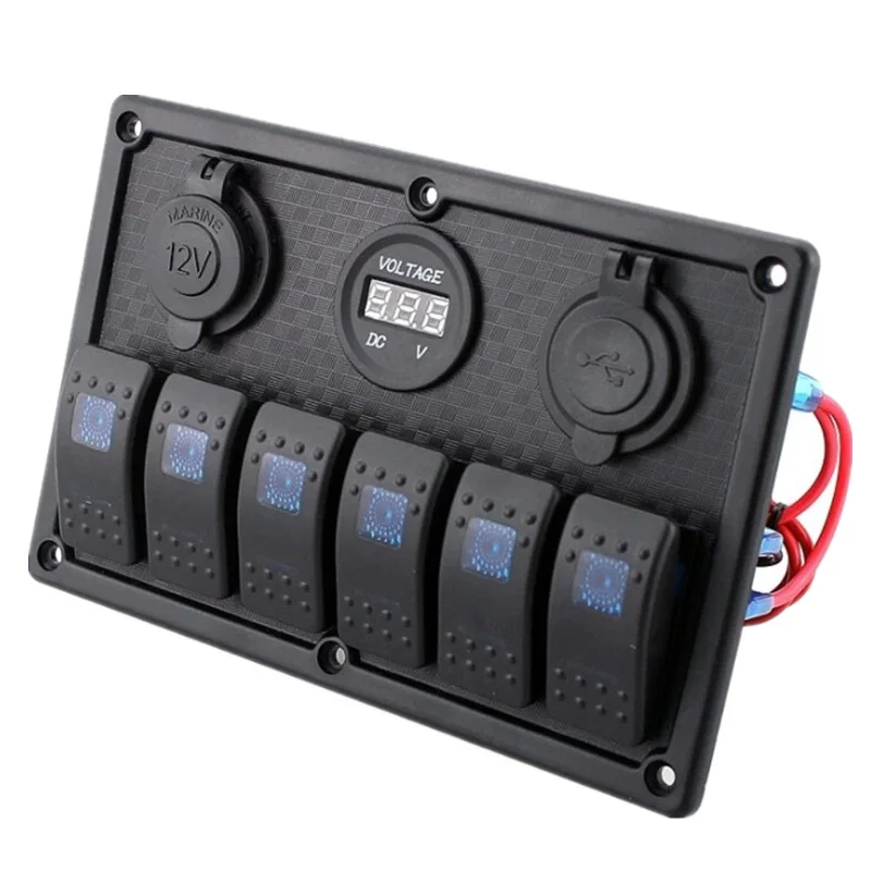 Universal 6 Gang Switch Panel Marine Boat Rocker LED Voltage Display+5V ...