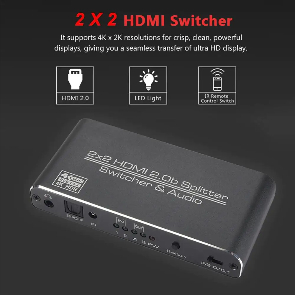 HDMI 호환 2.0 스위치 2 in 2 Out 4K 60hz 2x2 V2.0 광학 Toslink SPDIF 및 3.5mm 잭 ...