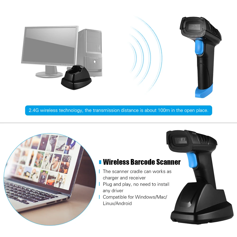 Aibecy 1D 2D QR Wireless Barcode Scanner Bar Code Reader with USB ...