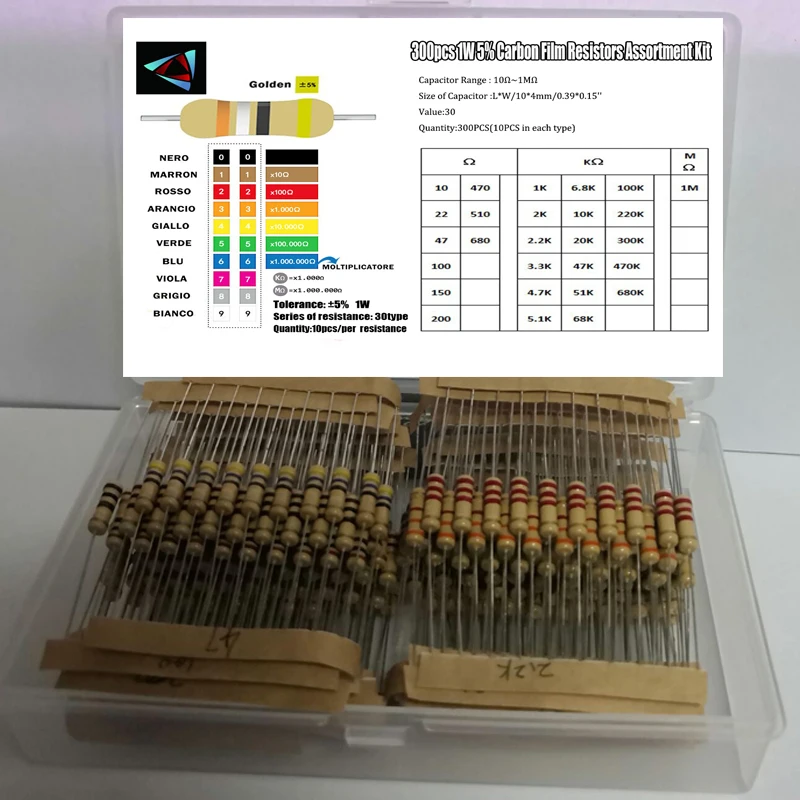 300PCS 1W 5% 10-1M Ohm 30 Values*10PCS Resistor Carbon Film Resistor ...