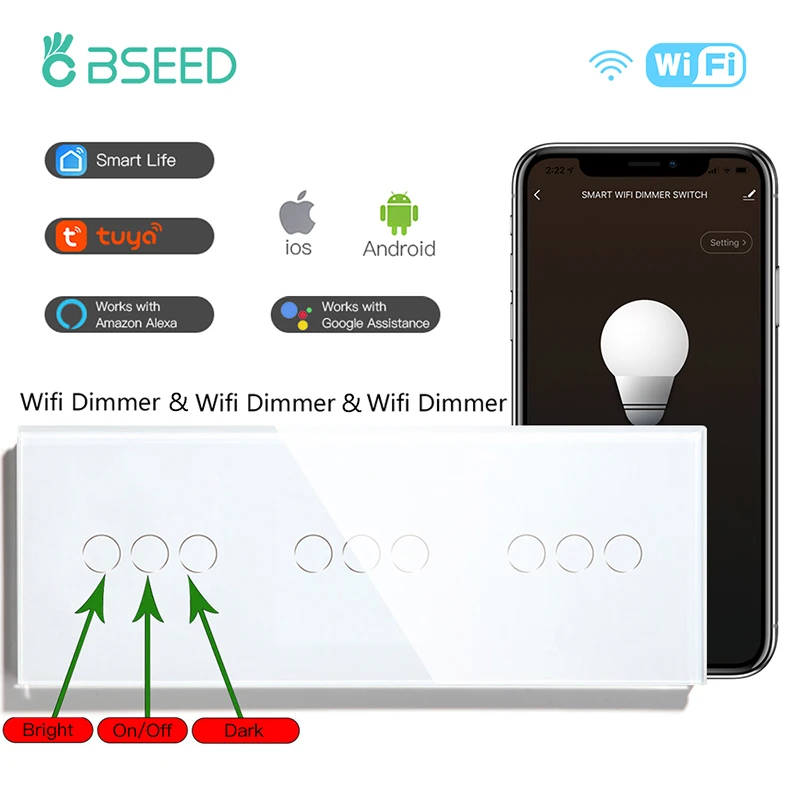 BSEED WIFI Dimmer Light Switches Triple Smart Sensor Wall Switches ...
