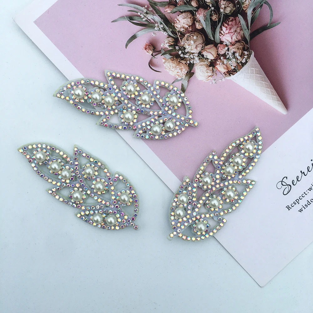 10PCS-Rhinestones-Pearl-Leaves-Feather-Patch-Sewing-Crystal-Applique ...