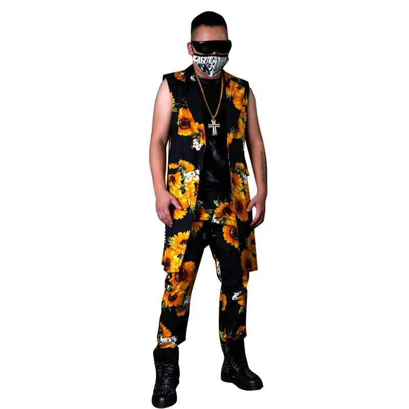 Men Casual Suits Sets (vest+pant) Sunflower Long Blazer Vest Male ...