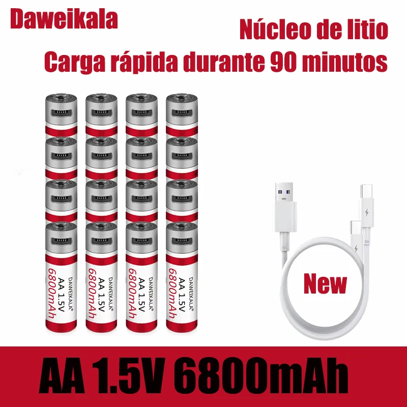 Daweikal novo aa bateria recarregável grande capacidade aa bateria de lítio 1.5v 6800mah cabo ...