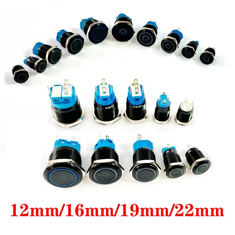 Black-Push-Button-Switch-12-16-19-22mm-Waterproof-illuminated-Led-Light ...