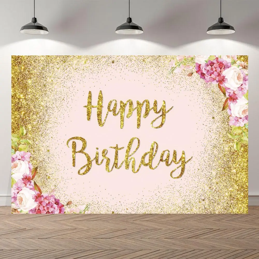 Rose-Gold-Glitter-Happy-Birthday-Backdrop-Custom-Floral-Flowers-Dots ...