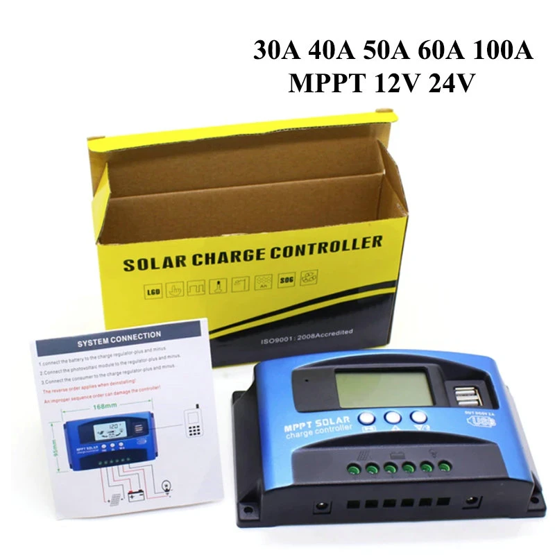 Mppt Solar Charge Controller 12v/24v 30/40/50/60/100a Dual Usb Lcd Display Auto Solar Cell Panel ...