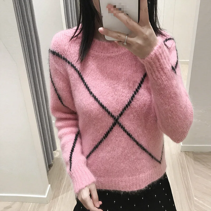 Women Sweater Autumn /winter New Pink Round Neck Pullover Jacquard Long ...