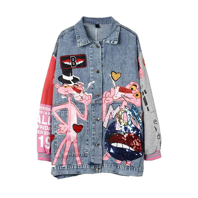 Streetwear Coats Sequins Denim Jacket Cartoon Printing - Allkpop Shop