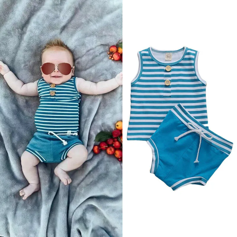 Conjuntos de ropa de verano para bebés y niños pequeños, chaleco sin mangas a rayas azules, Tops ...