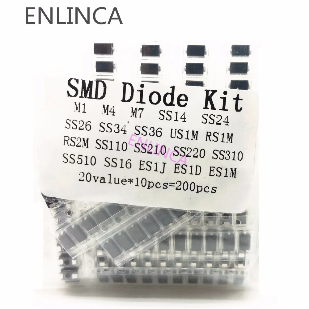 200pcs/lot Smd Diode Assorted Kit 20 Values*10pcs Contains Ss110 Ss220 ...