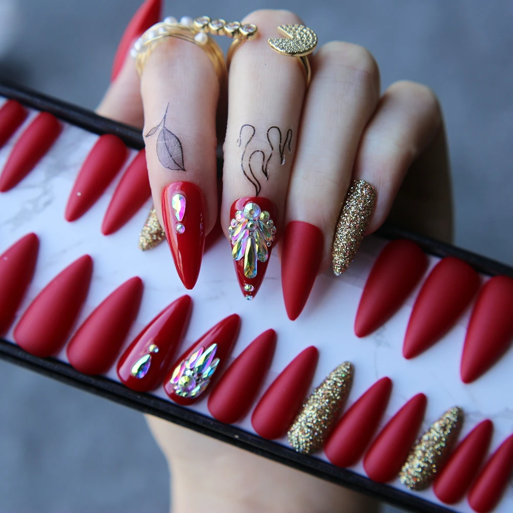 Red And Gold Stiletto Nails