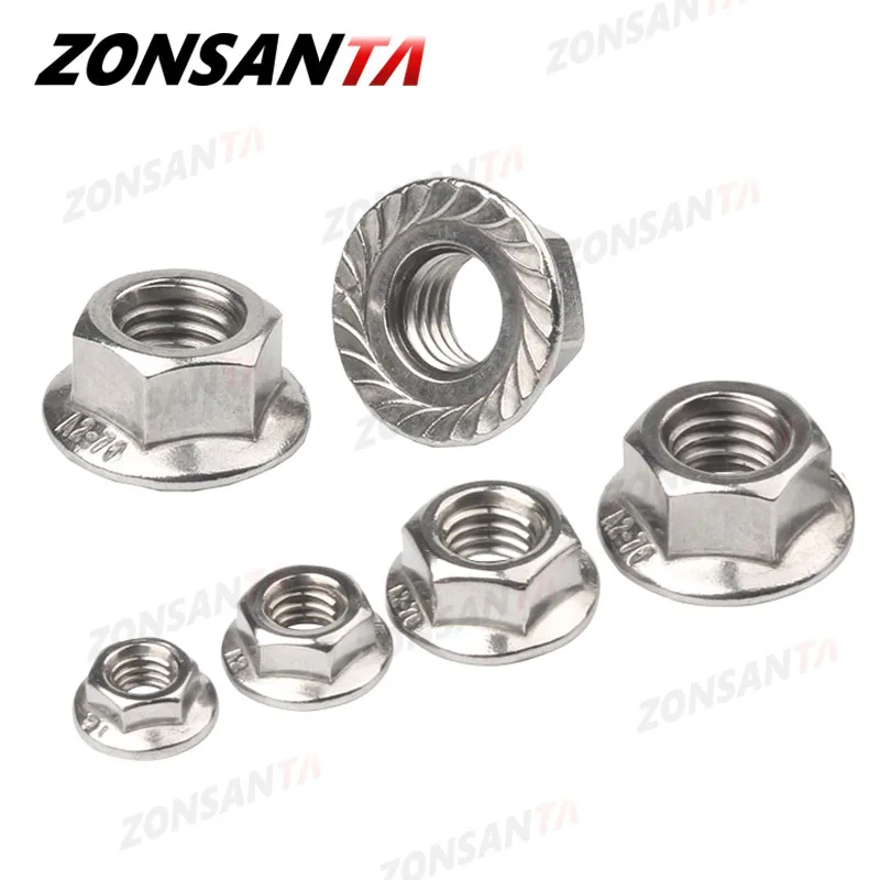ZONSANTA Hexagon Flange Nut 304 Stainless Steel Hexagon M3 M4 M5 M6 M8 M10 M12 M16 M20 DIN6923 ...