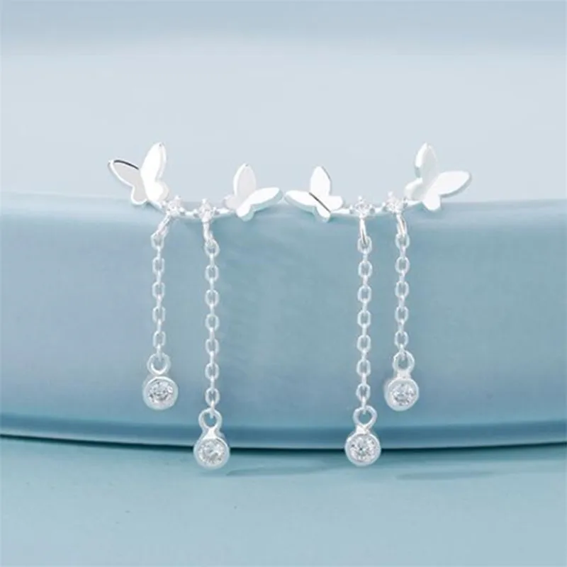 Novo duplo borboleta borla zircon brincos para mulheres meninas tendência criativa eardrop 925 ...