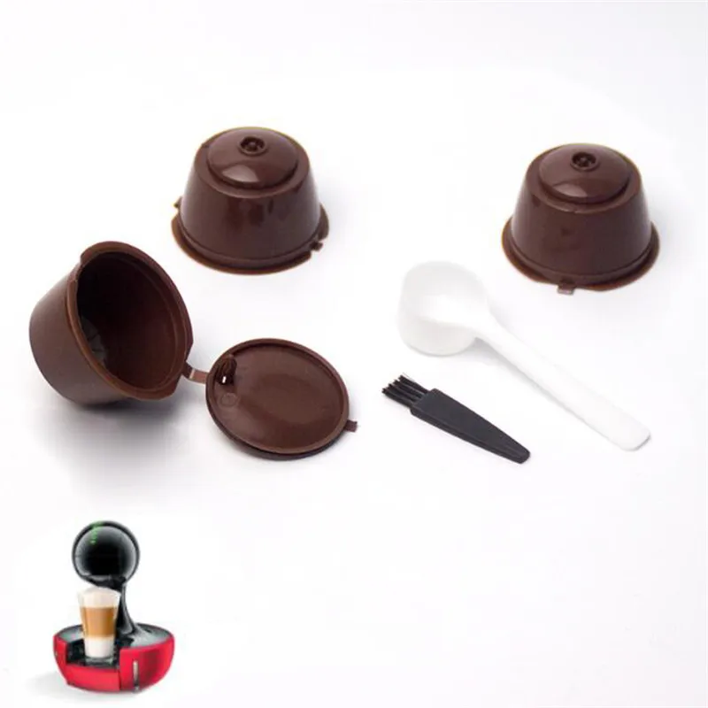 3 Pcs 재사용 가능한 커피 캡슐 필터 컵 Nescafe Dolce Gusto 리필 형 캡 스푼 브러쉬 필터 바구니 포드