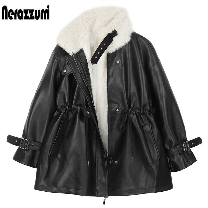 Nerazzurri Thick Warm Black Faux Leather Jacket With Fur Inside Long ...