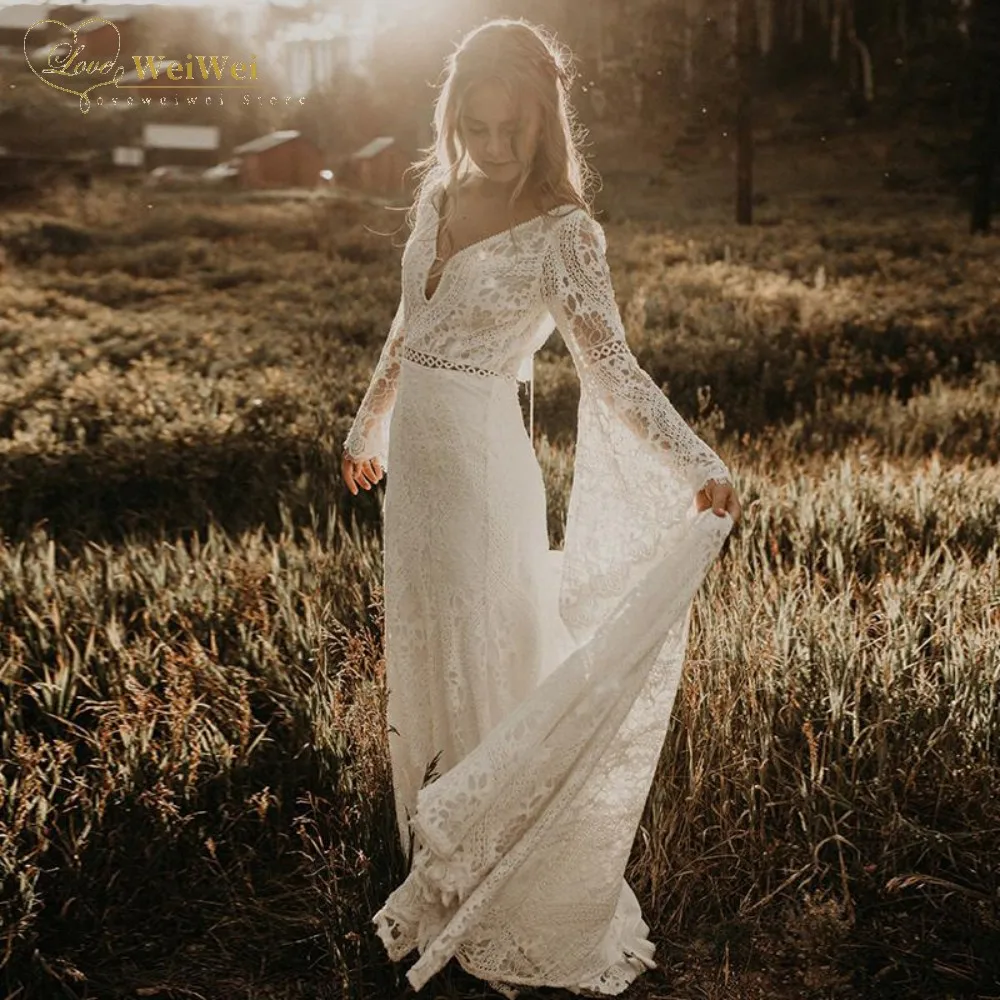 Elegante Bohemian Wedding Kleid Tiefe A Line V ausschnitt Gericht Zug ...