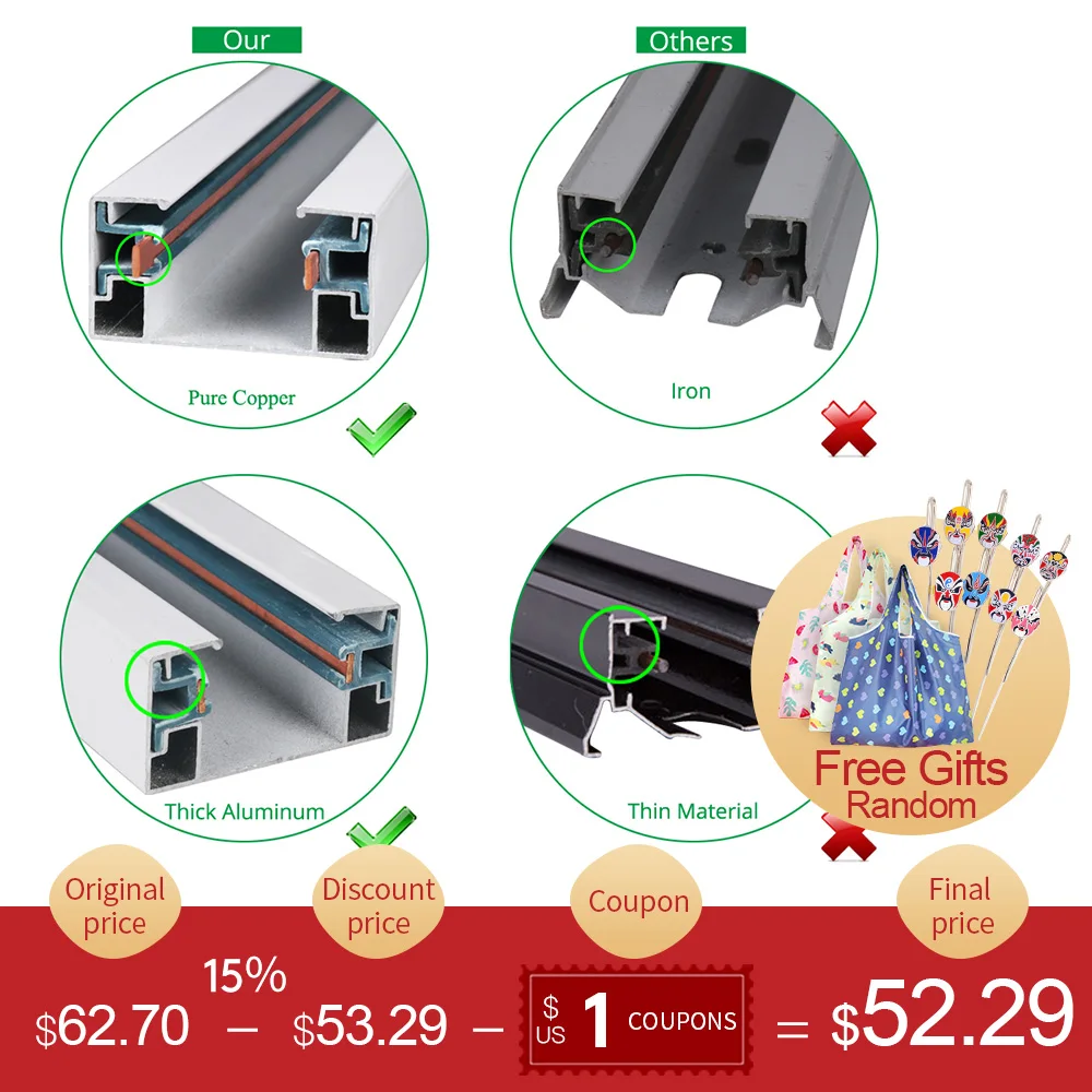 LED Track Rail Light Rail 1 Meter 2 3 4 Wire Spot Rail Black White ...