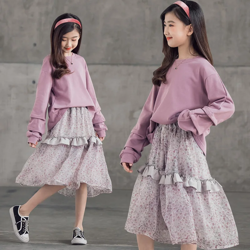 Purple Pullover Top + Grayish Purple Floral Skirt Clothing Sets Fashion ...