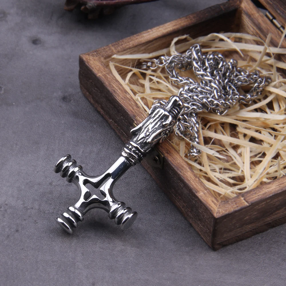 Stainless Steel Nordic Viking Dragon Cross necklace with wooden box as ...