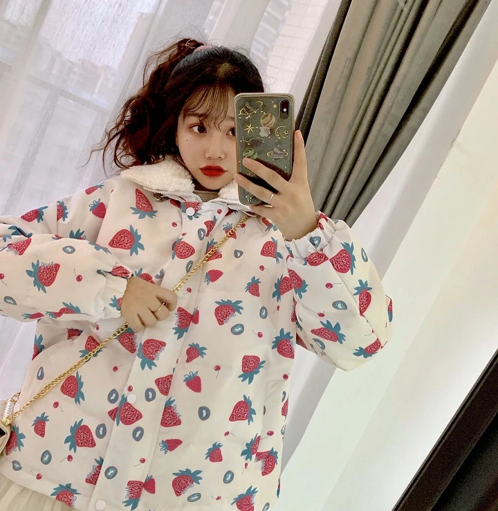 Woherb Women's Harajuku Parkas Kawaii Jacket Strawberry Print Winter ...