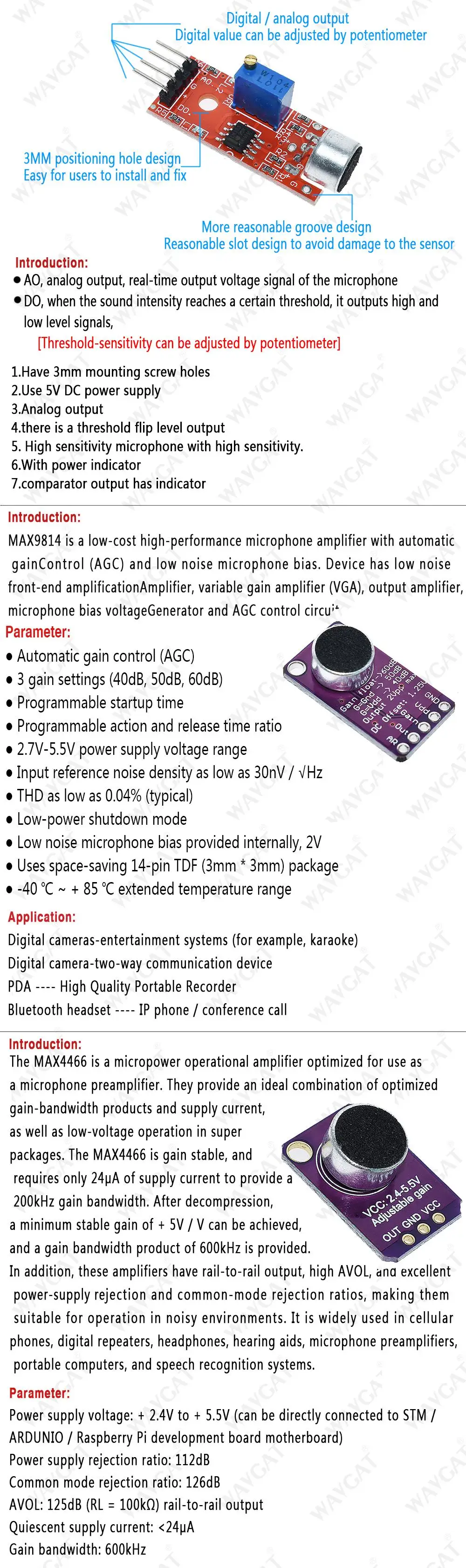 Circuits intégrés,Sound Sensor--Module De Détection Et Contrôle De Sons Max4466 Max9814 Pour ...