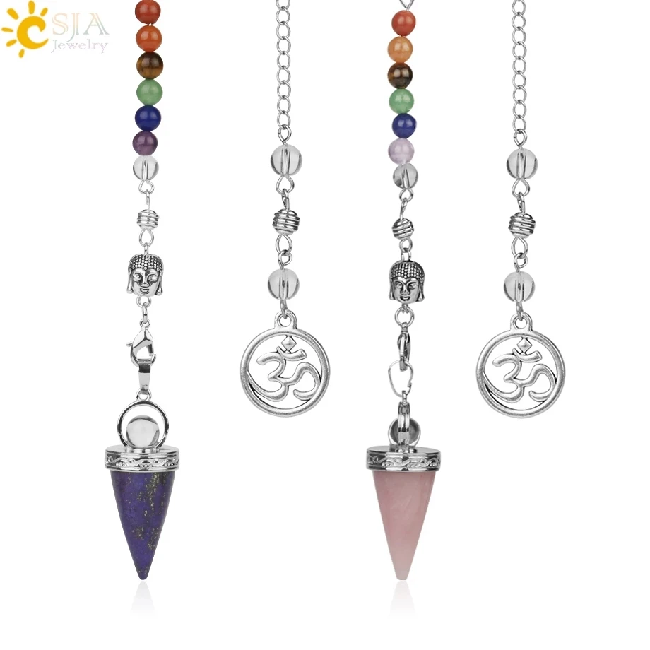 CSJA-Natural-Stone-Cone-Pendulums-Crystal-3D-Buddha-7-Chakras-Chain-Reiki-Pendulum-for-Dowsing ...