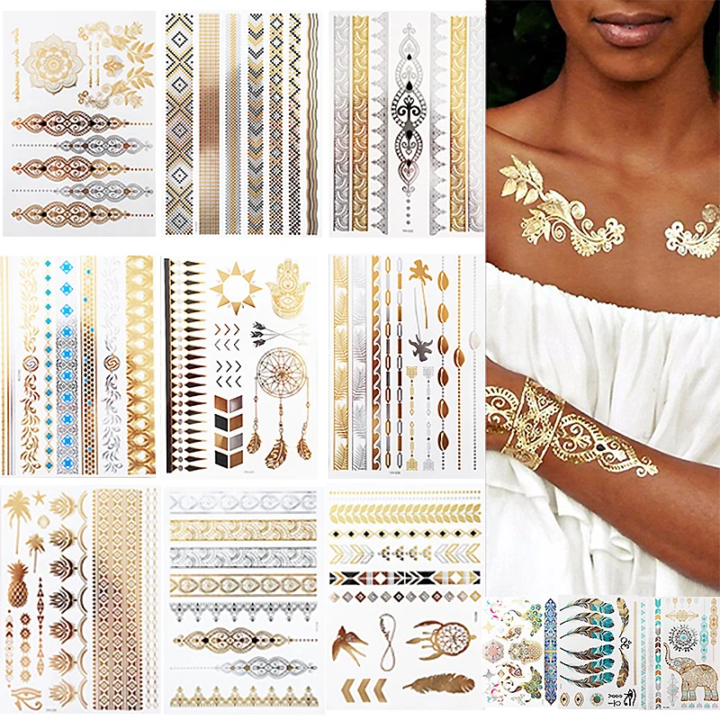 12 Sheets Metallic Temporary Tattoos Gold Boho Waterproof Flash Fake ...