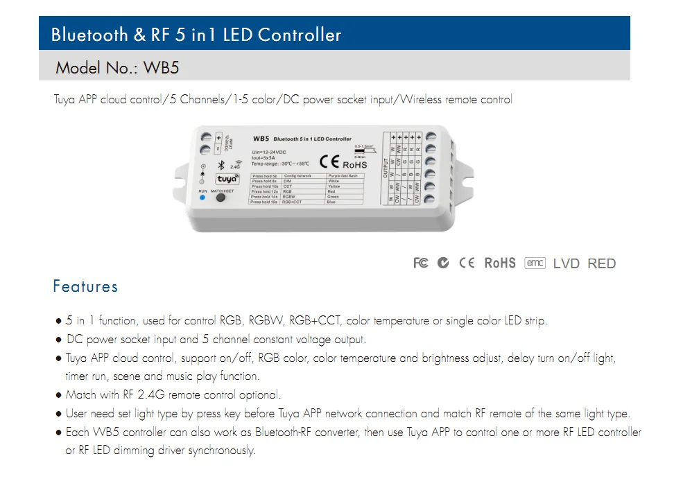 Tuya Smart WiFi LED Controller 12V 24V 5 in 1 Dimmer CCT RGB RGBW RGBWW ...