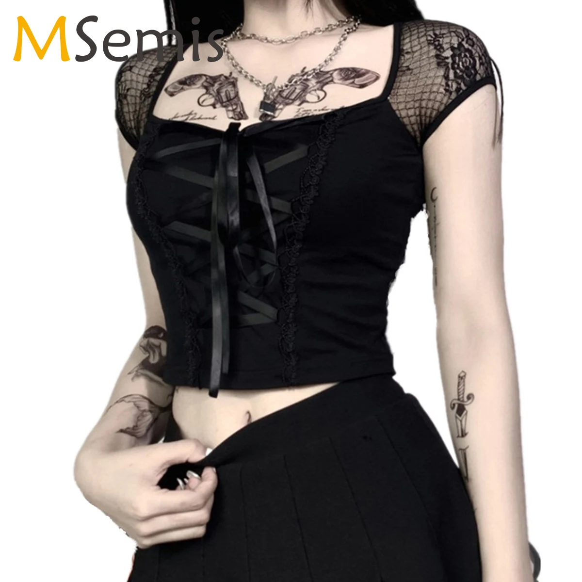 Goth-Girl-Sexy-Street-T-shirt-Women-Lace-Patchwork-Square-Collar-Short ...