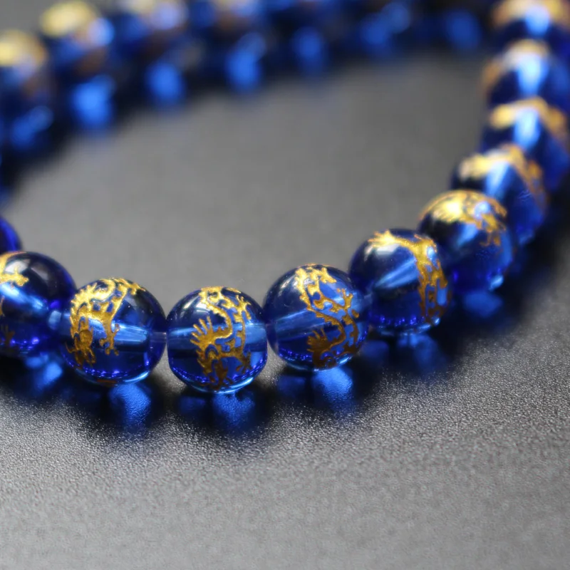 10pcs 8mm 10mm Glass Beads Cobalt Blue Color With Carving Gold Dragon ...