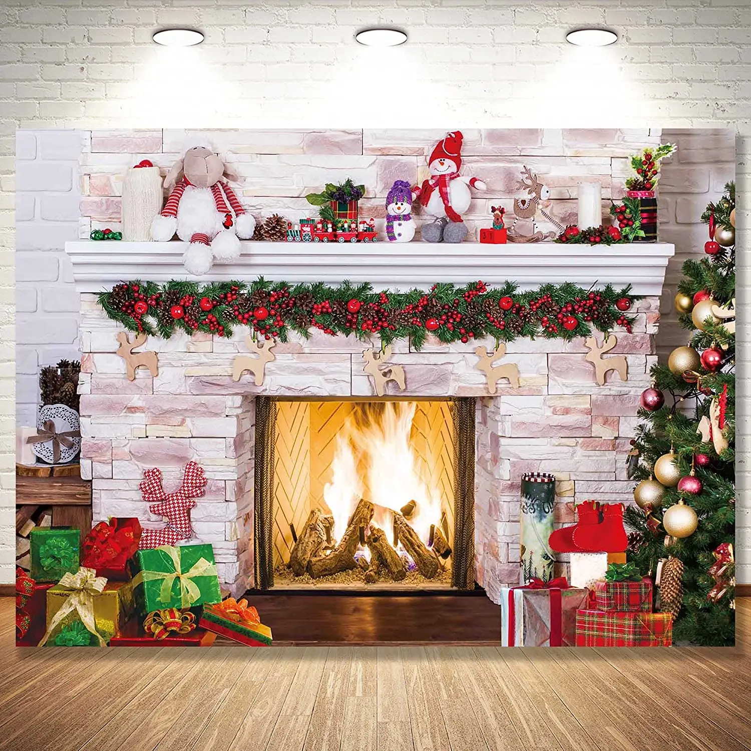 Christmas Fireplace Photography Backdrop Brick Wall Xmas Tree Gifts ...
