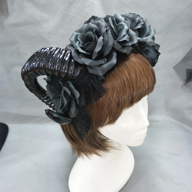 Cosplay Gothic Horns Headband Halloween Masquerade Prop Black Flowers ...