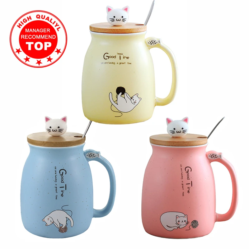 Creative Color Cat Heat-resistant Mug Cartoon With Lid 450ml Cup Kitten ...