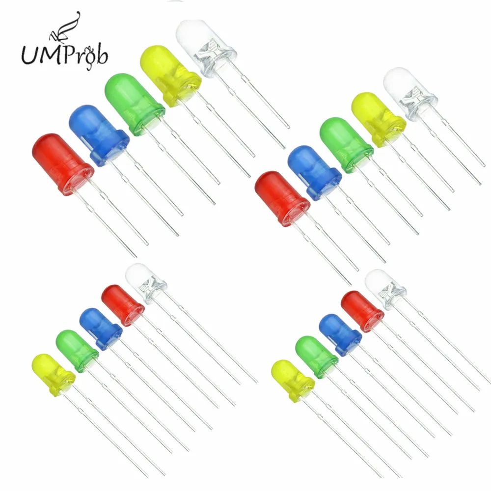 100Pcs/Lot Mixed Color 3MM 5MM Emitting Diode Red Green Yellow Blue ...