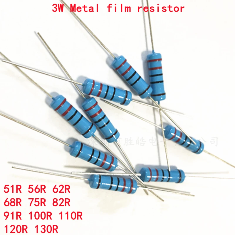 10pcs 3w Metal Film Resistor 1% 51r 56r 62r 68r 75r 82r 91r 100r 110r 120r 130r 51 56 62 68 75 ...