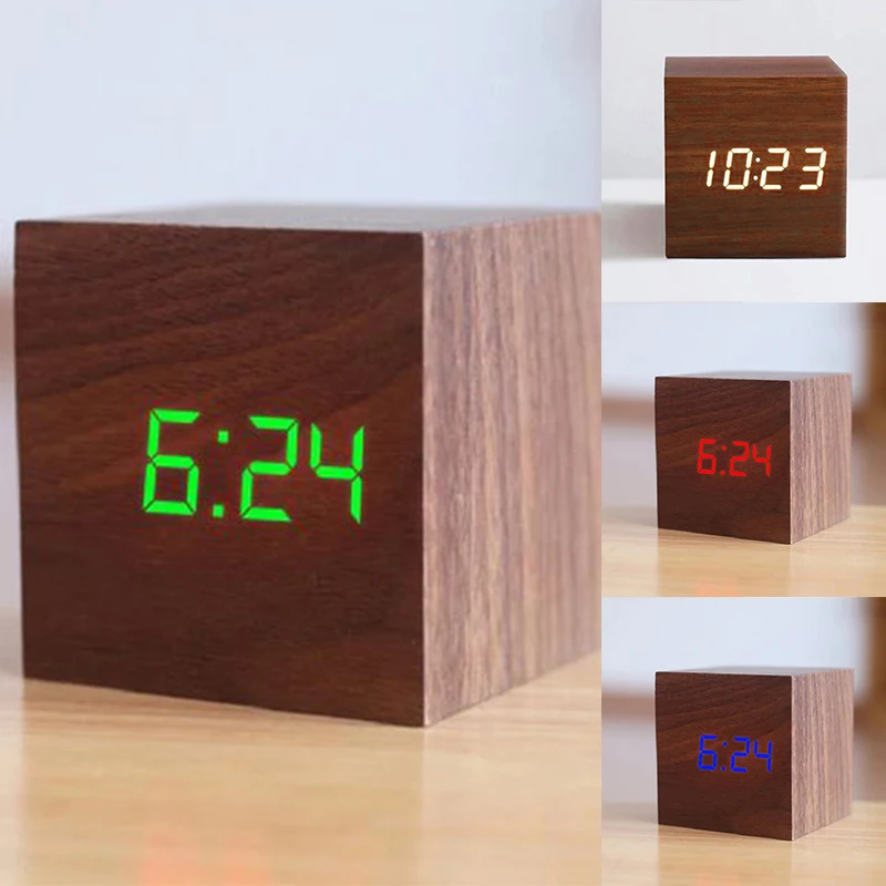 Horloge Calendrier,Horloge Cube en bois moderne à affichage LED, réveil ...