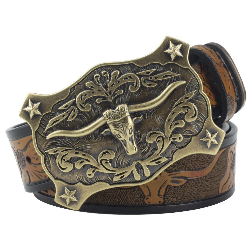 Western-Men-s-Leather-Embossed-Belt-Personality-Fshion-Cow-Head-Buckle ...