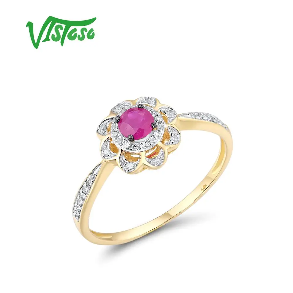 Vistoso Genuine 14k 585 Yellow Gold Round Ruby Shiny Diamond Flower ...