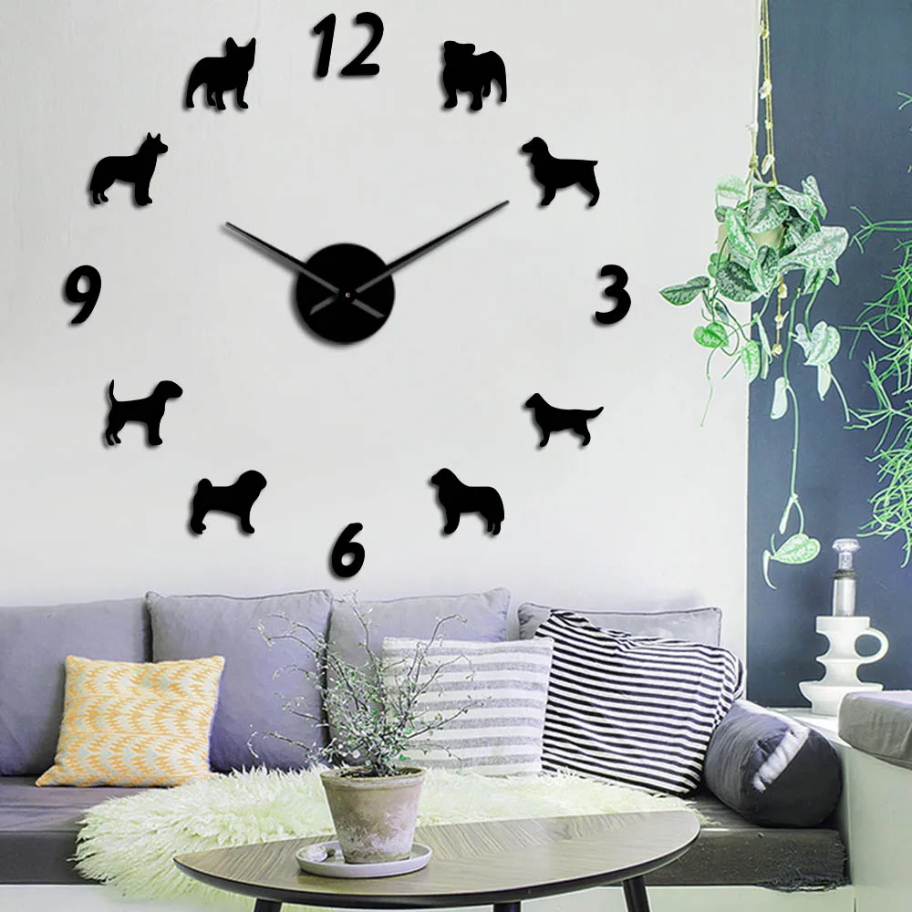 Different Dog Breeds Diy Wall Clock Modern Pug Cute Puppy Big Wall ...