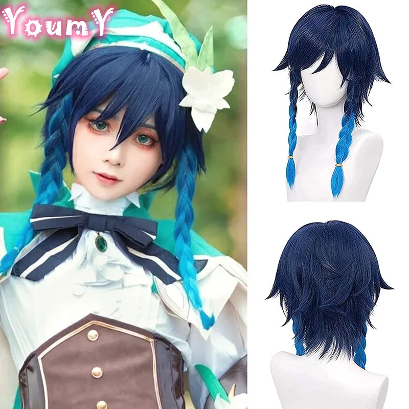 Genshin Impact Venti Cosplay Wig 50cm Pre Styled Braided Blue Wig ...