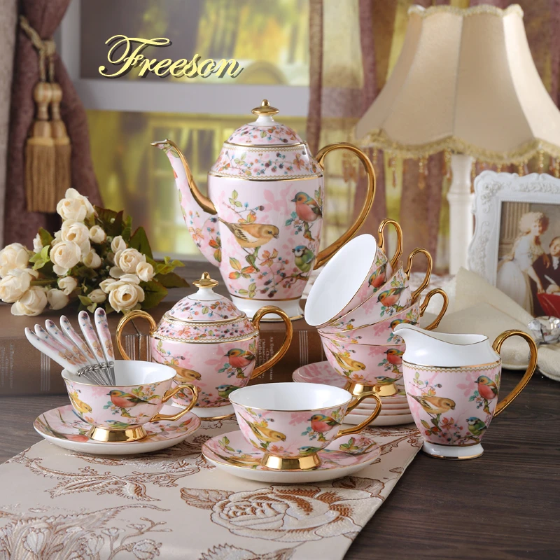 Pink Bird Bone China Coffee Set Porcelain Tea Set Advanced Ceramic Pot ...