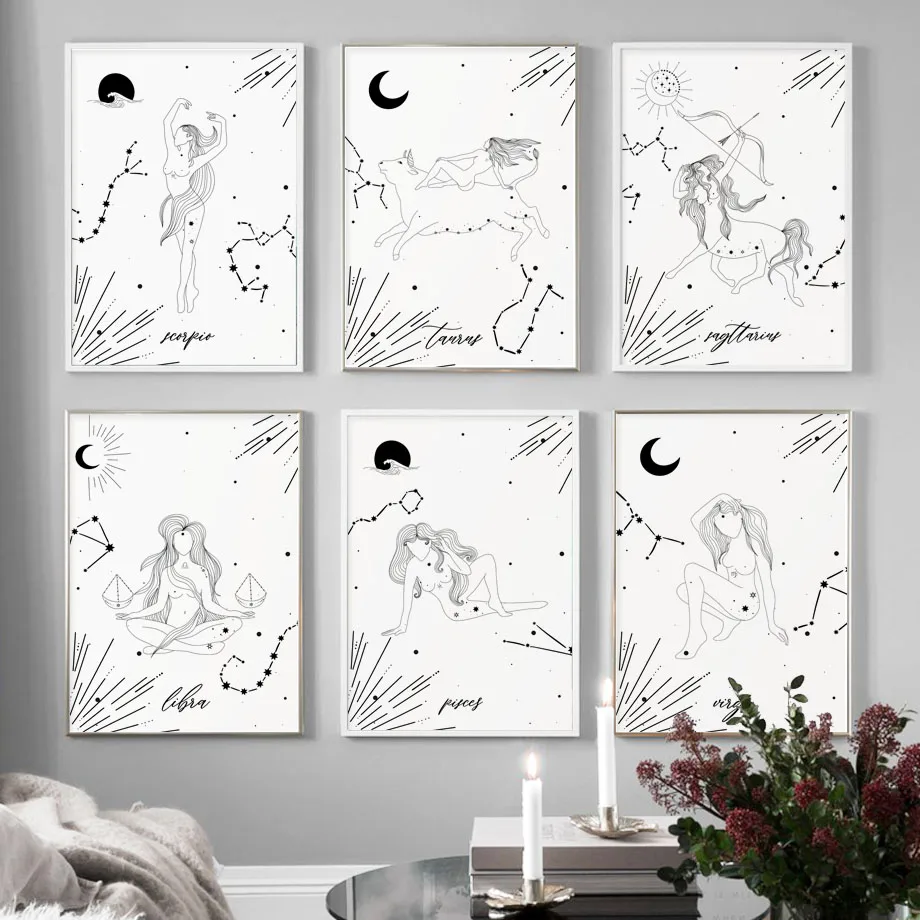 Zodiac Signs Guard Girl Black White Wall Art Canvas Painting Nordic ...
